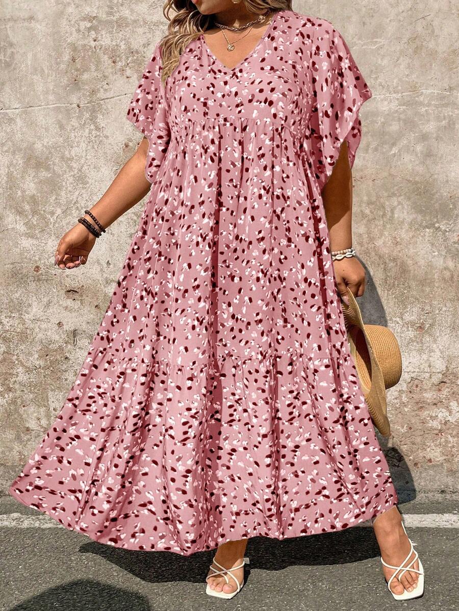 EMERY ROSE Plus Size Women's Elegant Ditsy Floral Loose Ruffled Sleeve V-Neck Patchwork Maxi ...