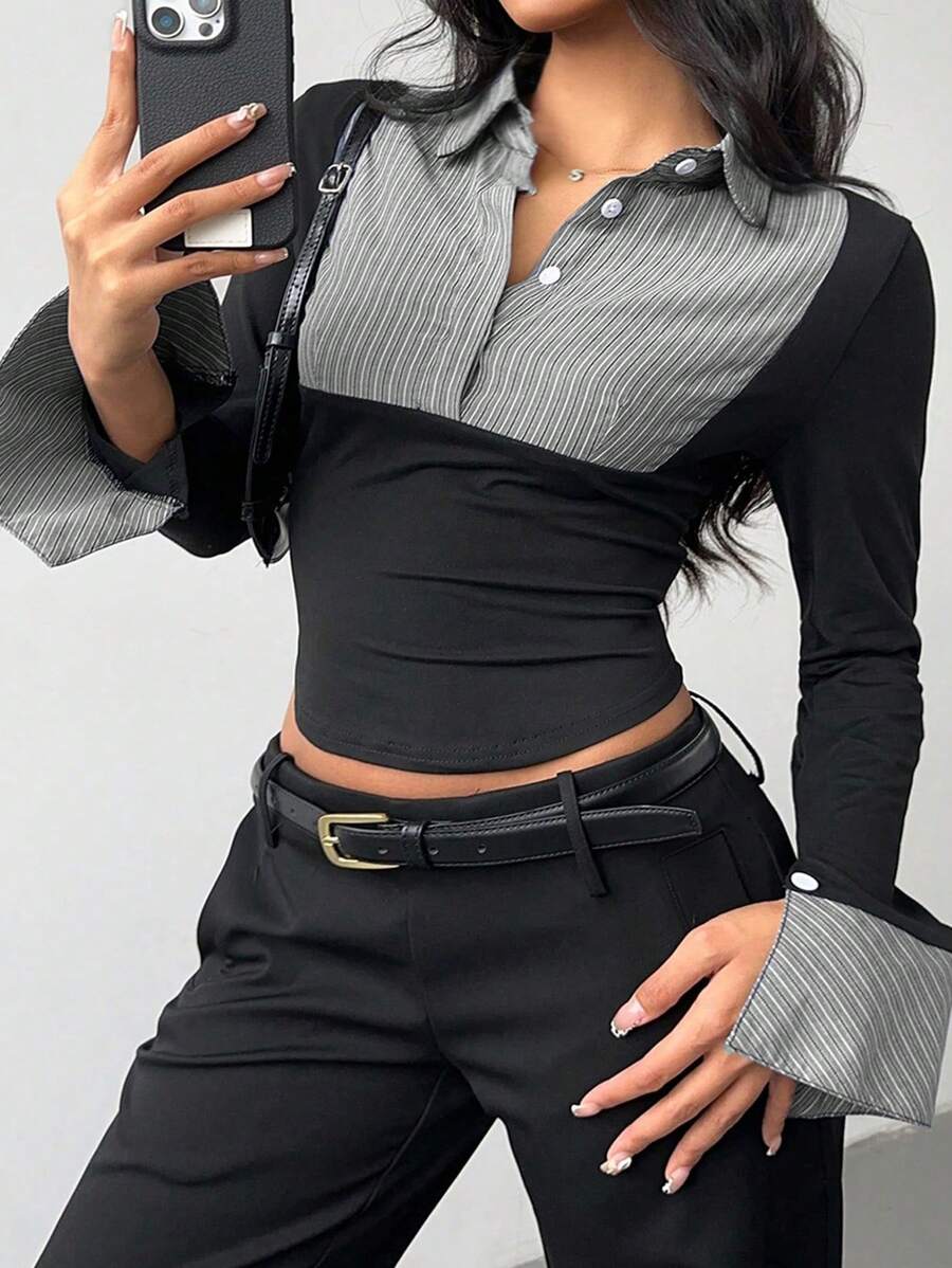 Rina Fox Damen Große Größen Streifen Splice Glockenärmel Figurbetonte ...