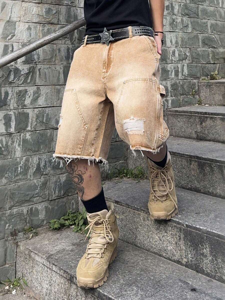 Manfinity Streetrush Men's Ripped Pocket Simple Style Denim Shorts ...