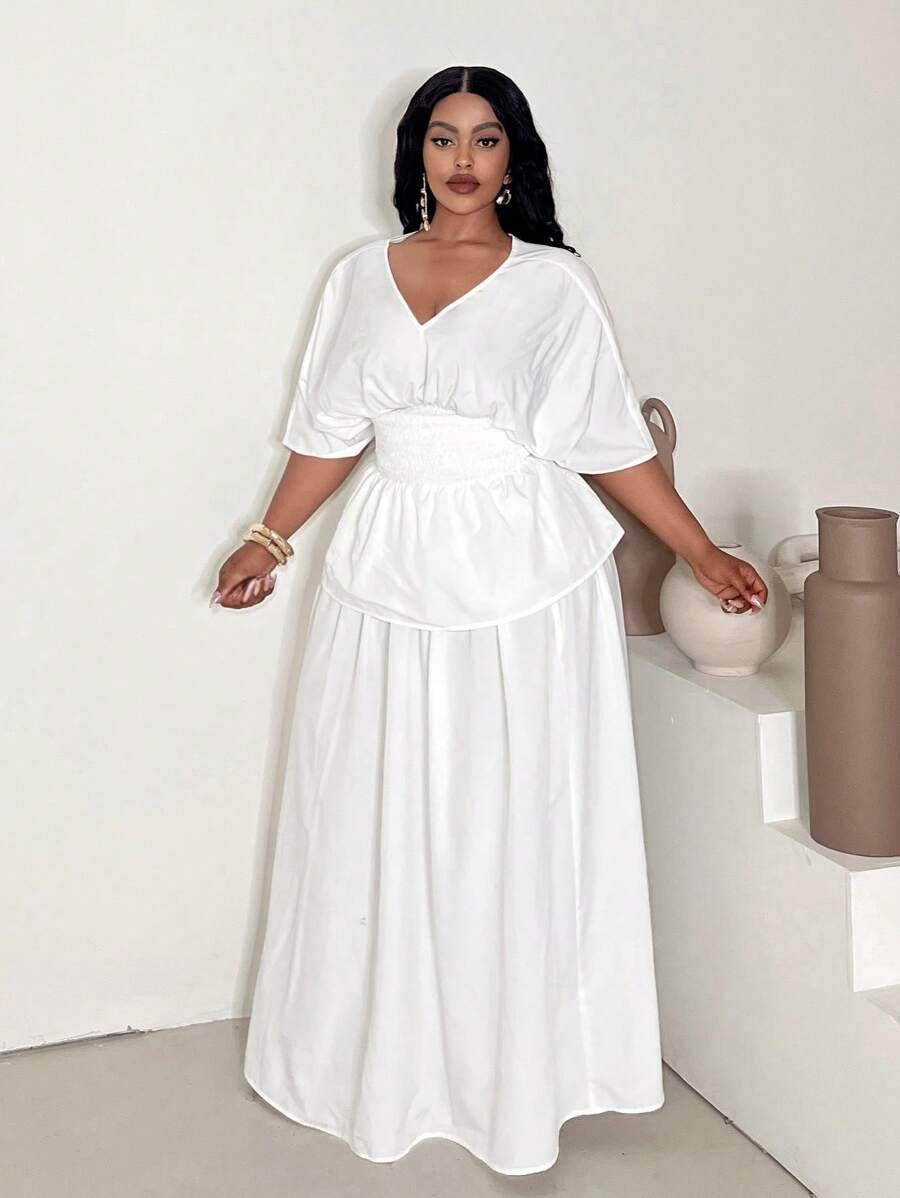 Slaydiva Plus Size Relaxed Fit Long V-Neck Half Sleeve Pleated Waist Top With Skirt 2 Pieces Set ...