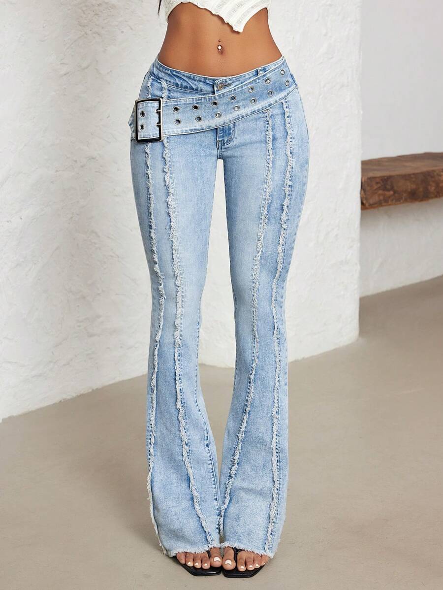Jeanoix Low Waist Bell-Bottom Jeans With Big Sun Logo Button And ...