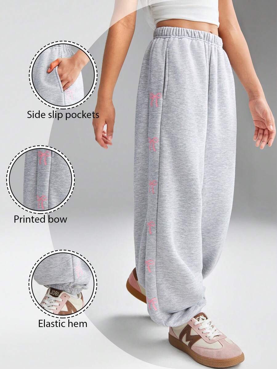 SHEIN Tween Girls Grey Extra Long Polyester Pants With Pockets And Pink ...