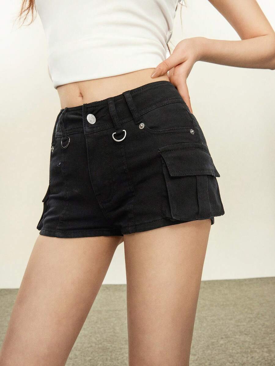 Rina Fox Summer Casual Solid Color Cargo Denim Shorts | SHEIN USA
