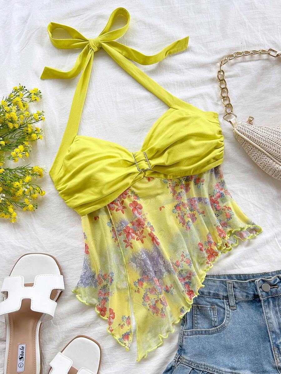 Soleia Women's Summer Vacation Casual Ruched Asymmetric Hem Bow Halter Top | SHEIN USA