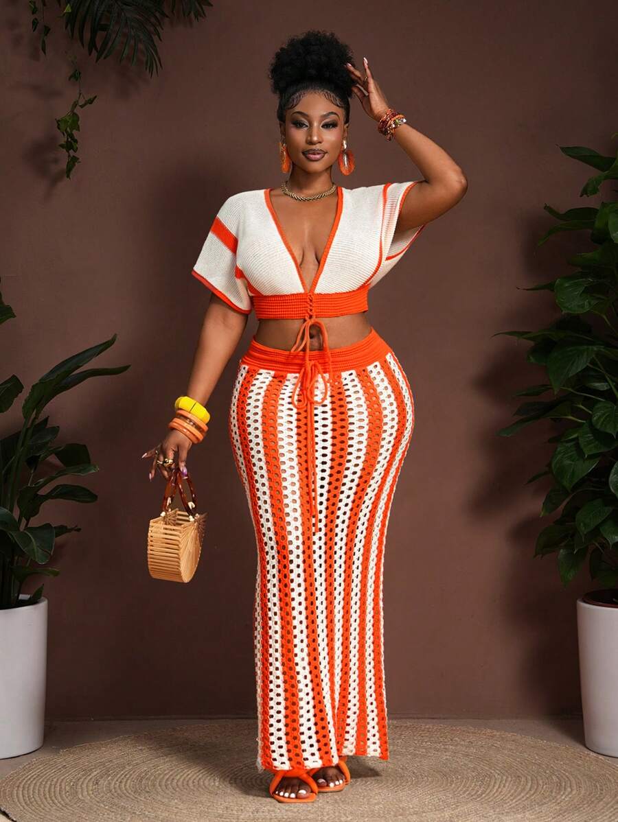 Slaydiva Plus Size Women Sexy Crochet Matching Set - Deep V-Neck Tied ...