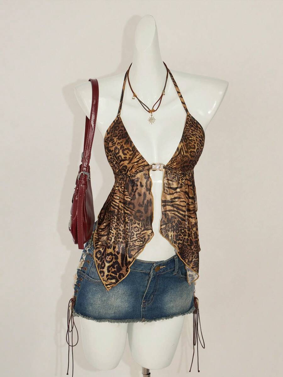 SHEIN ICON Vintage Leopard Print Backless Halter Neck Camisole With ...