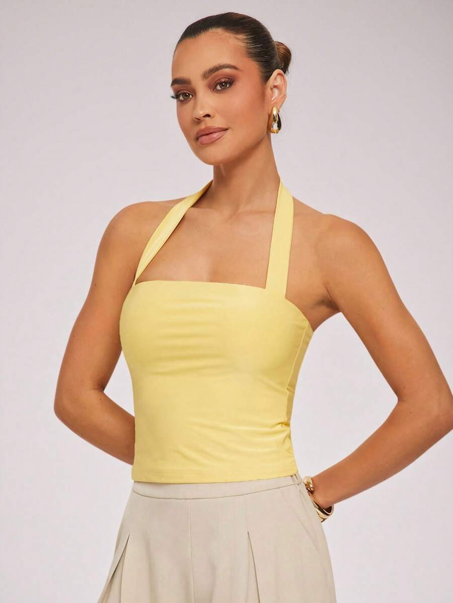 Silquee Solid Color Yellow Champagne Yellow Spaghetti Strap Tank Top ...