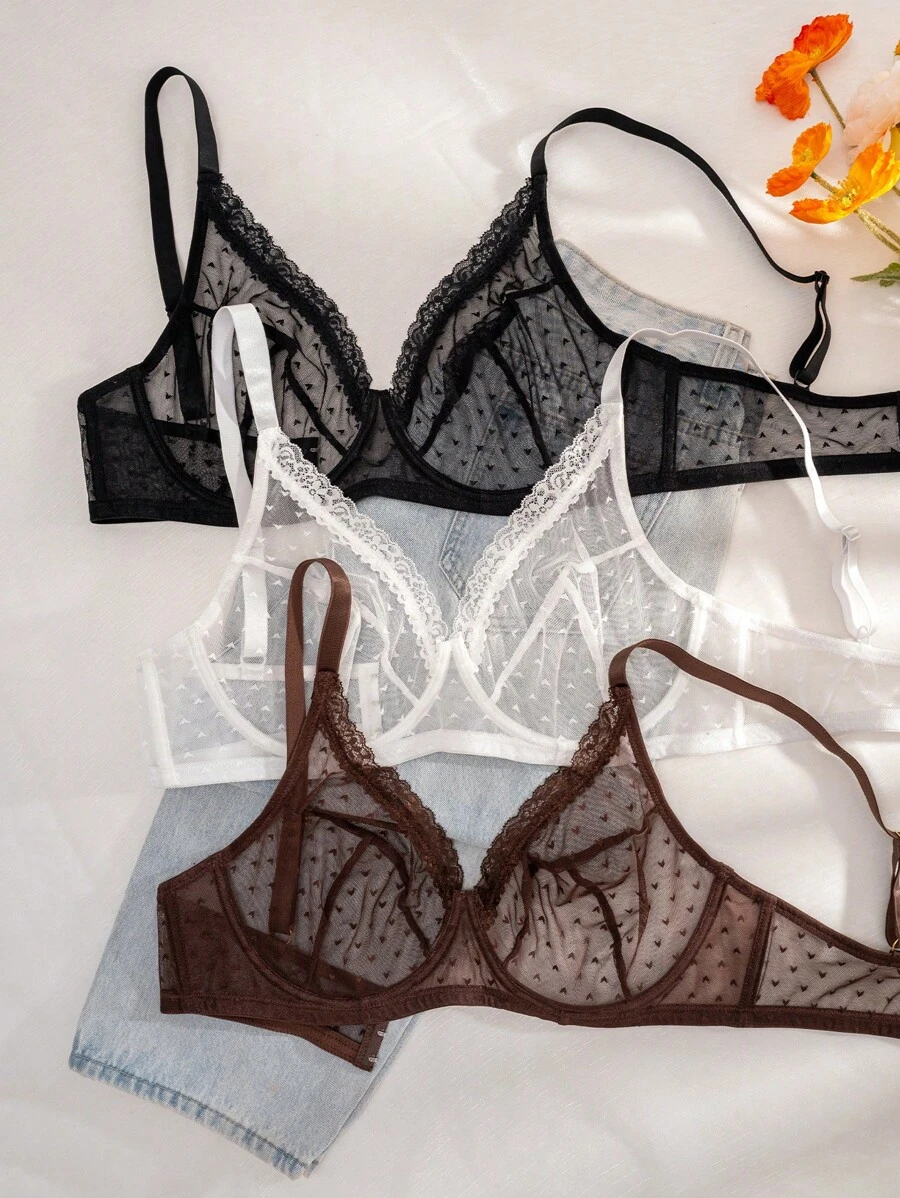 Snug Zone 3pcs/Set Plus Size Comfortable Lace & Mesh Heart Shaped Racerback Lingerie Bras ...