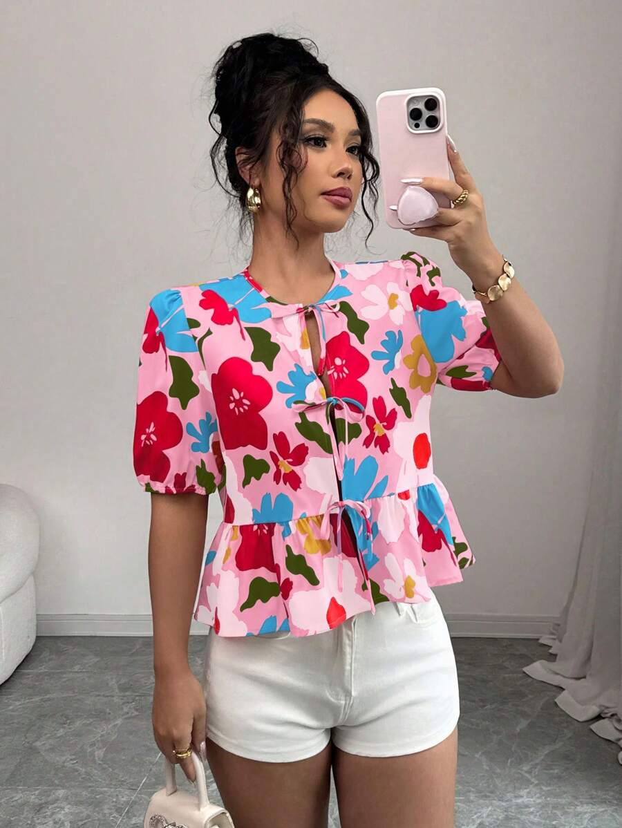 Elenzga Women's Tie-Cuff Puff Sleeve Round Neck Frill Hem Fashion ...