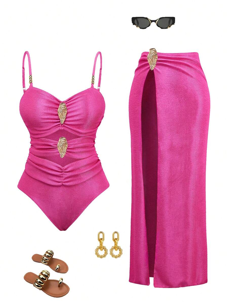 Swim Oasis 1pc Plus Size Bandeau Metallic Hollow-Out One-Piece Swimsuit ...