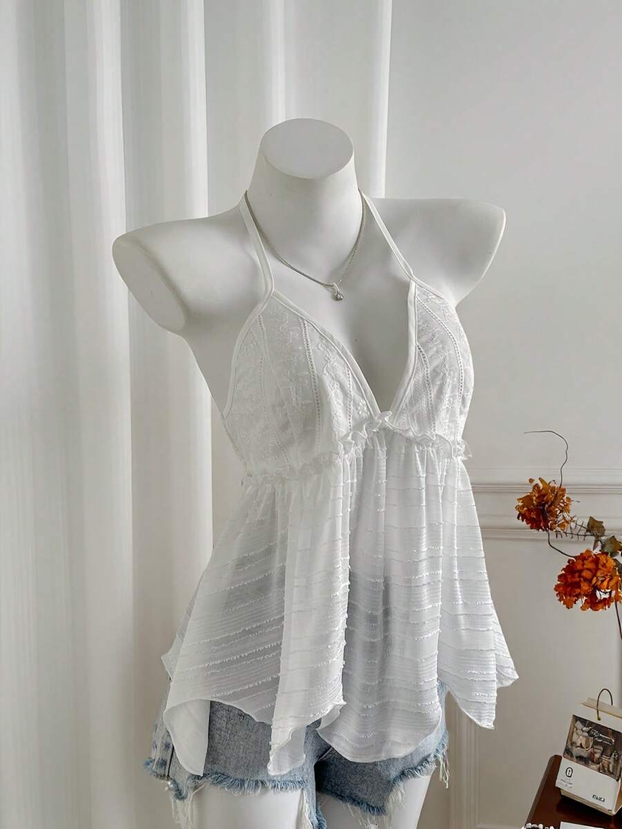 Sweetra Pure White Ruffle Hem Asymmetrical Hem Lace Tank Top For Women ...