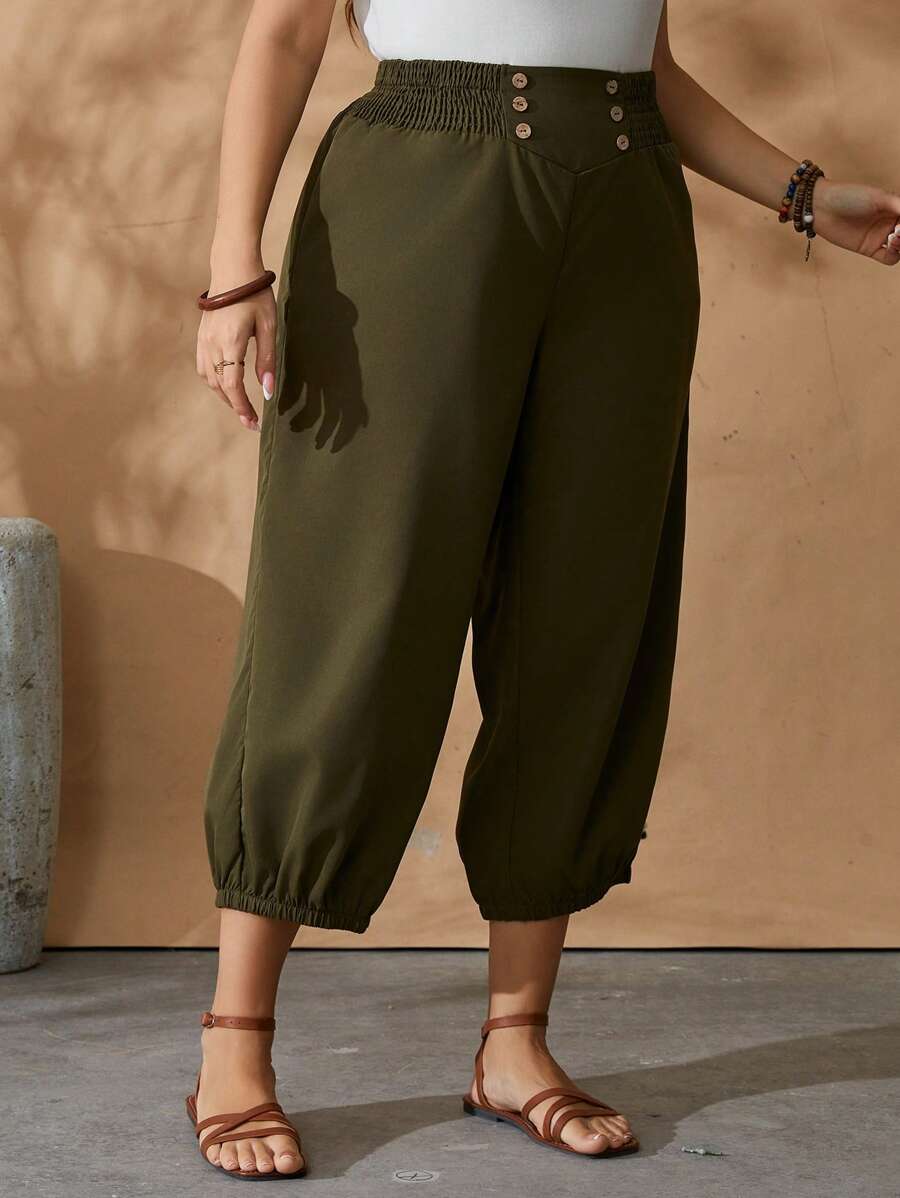 EMERY ROSE Plus Size Vacation Casual Solid Color Elastic Waist Button ...