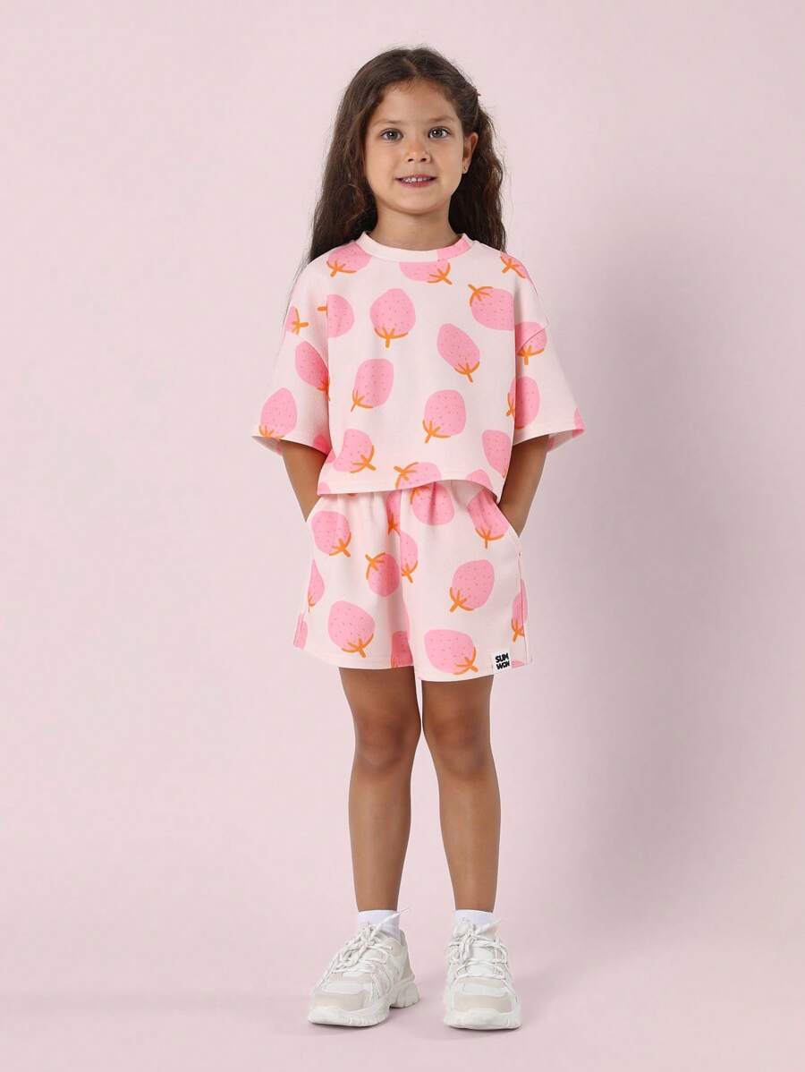 SUMWON Strawberry Print Summer Co-Ord Set With Boxy T-Shirt And ...