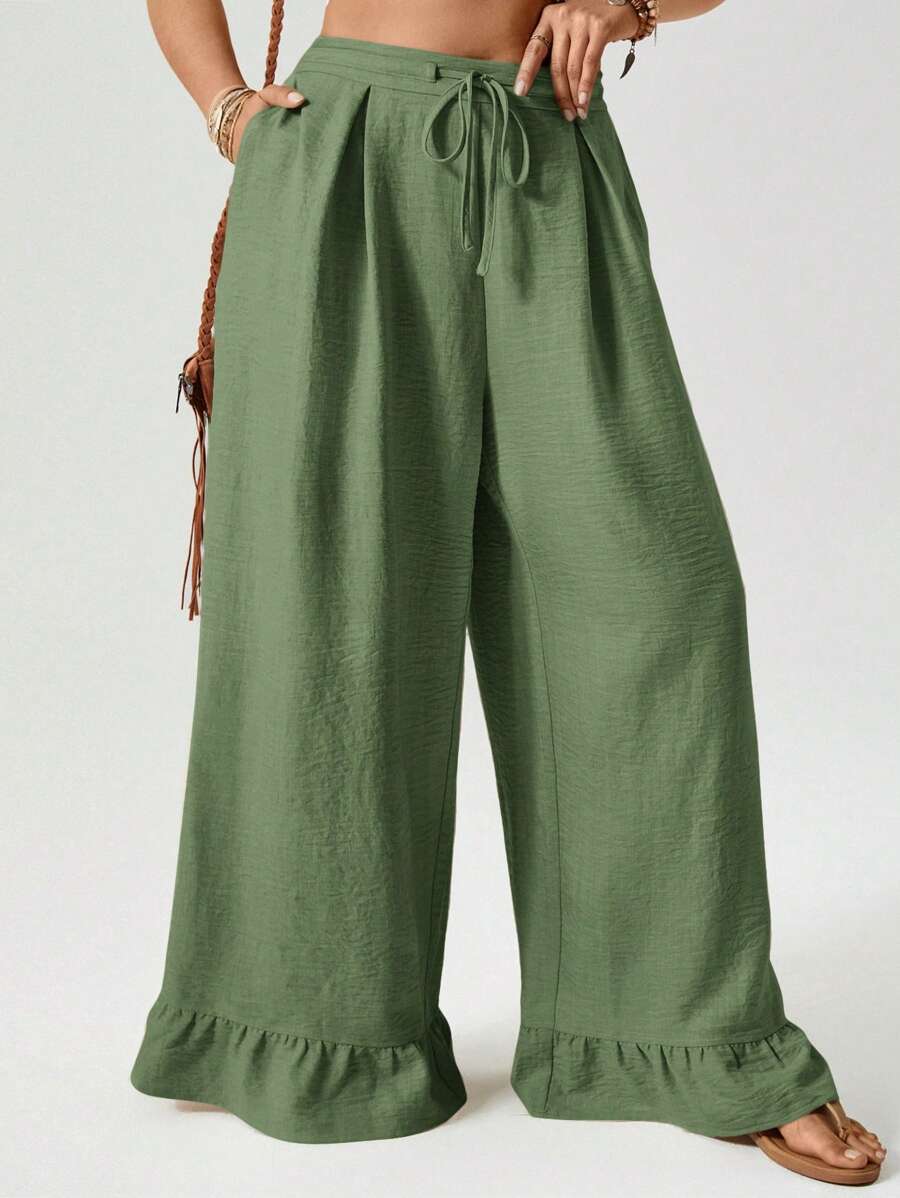 SHEIN VCAY Plus Size Women Wide Leg Pants With Waist Tie And Ruffled ...