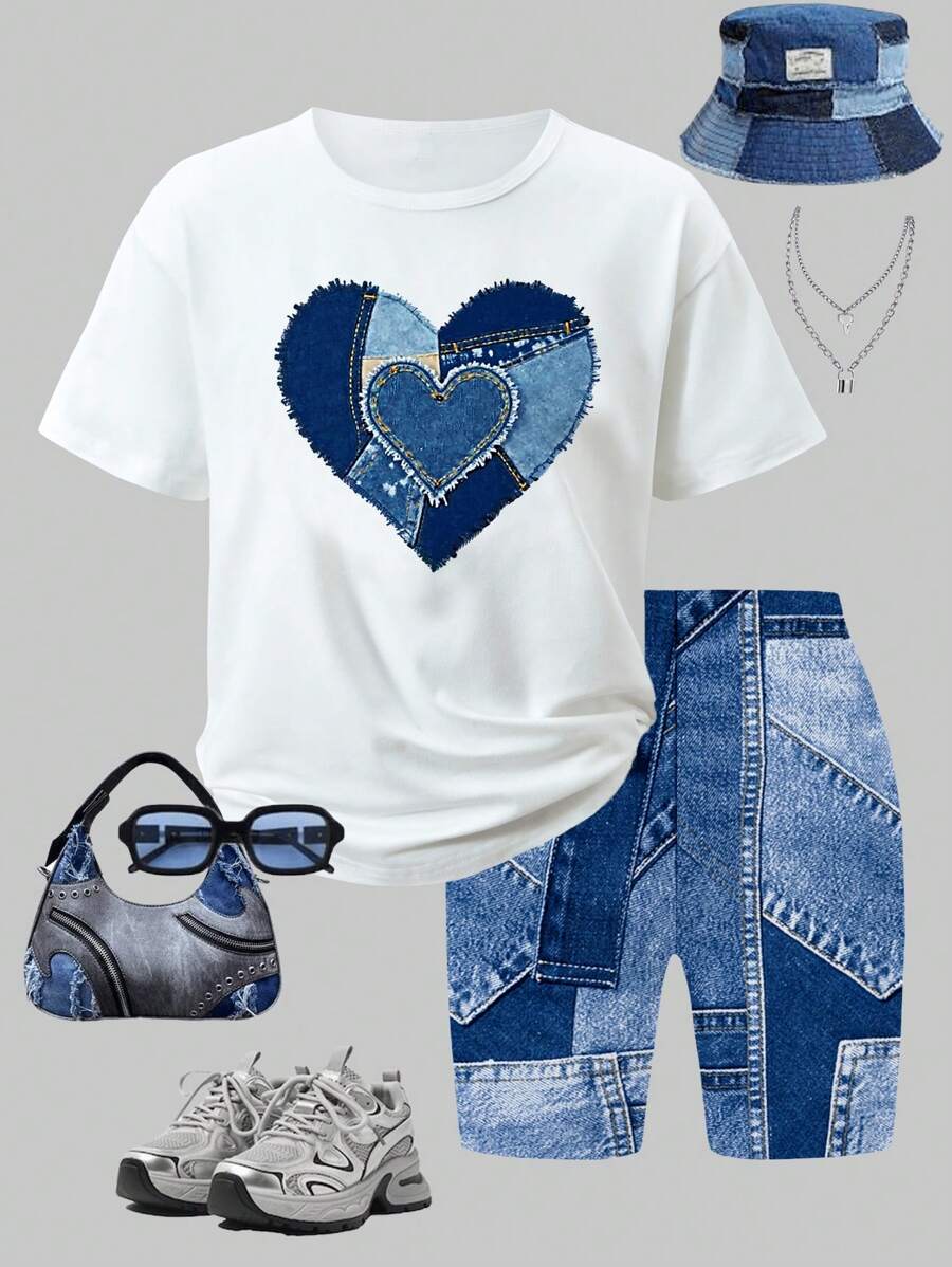 SHEIN Explorewe 2pcs/Set Girls Letter Print Short Sleeve T-Shirt And ...