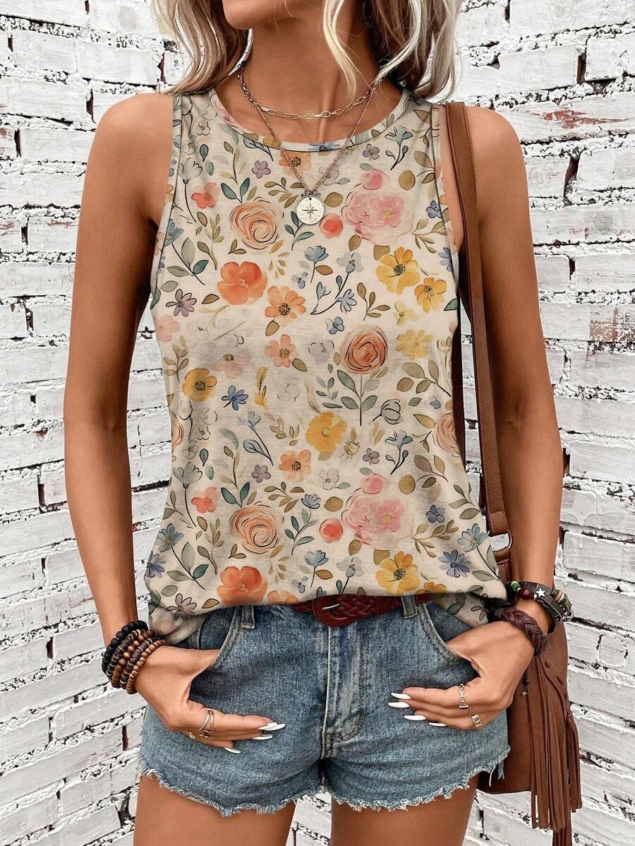 SHEIN LUNE Women Casual Round Neck Retro Floral Tank Top, Suitable For ...