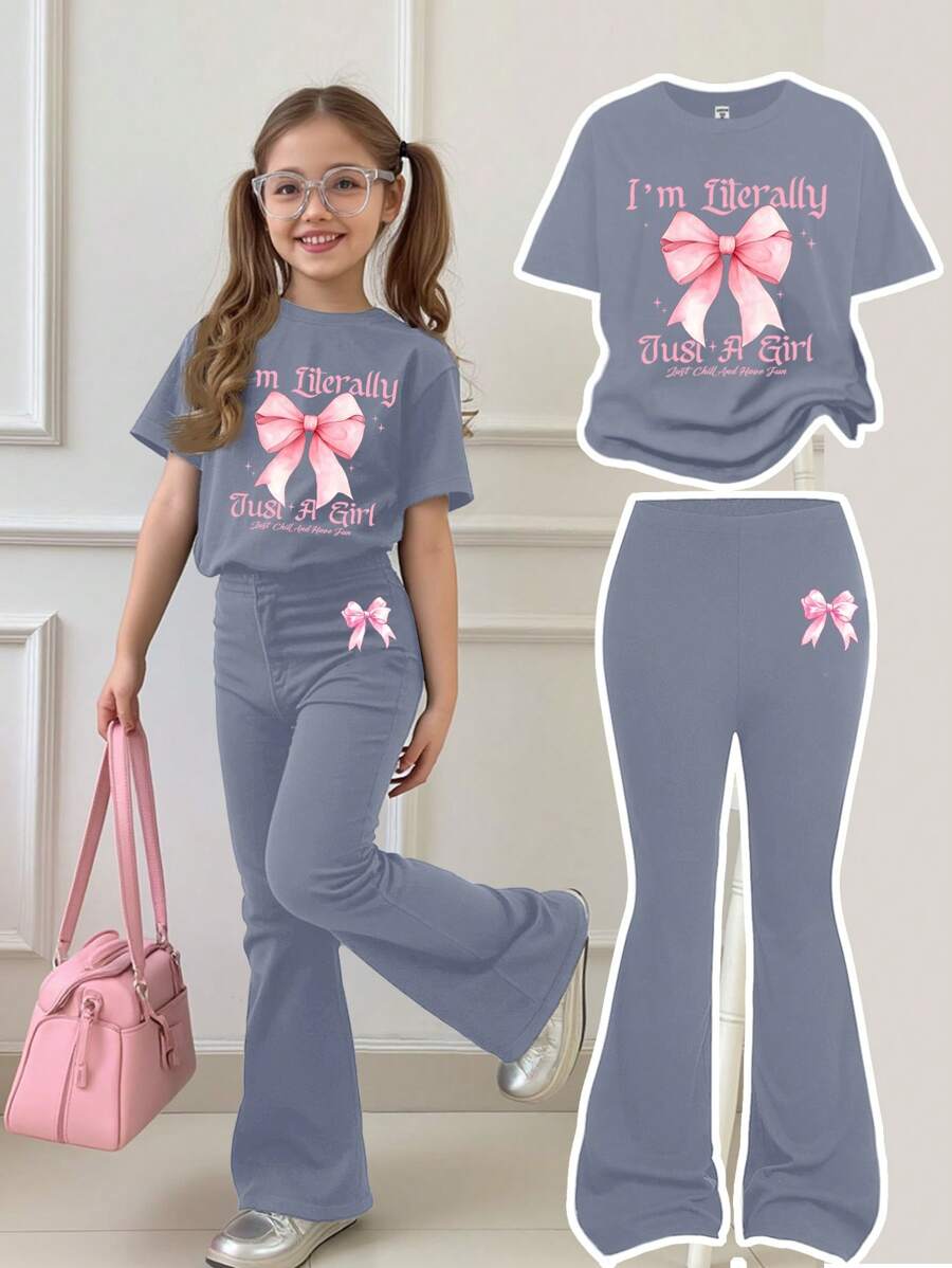 SHEIN Tween Girls' Casual Minimalist Short Sleeve & Pants 2 Pieces Set ...