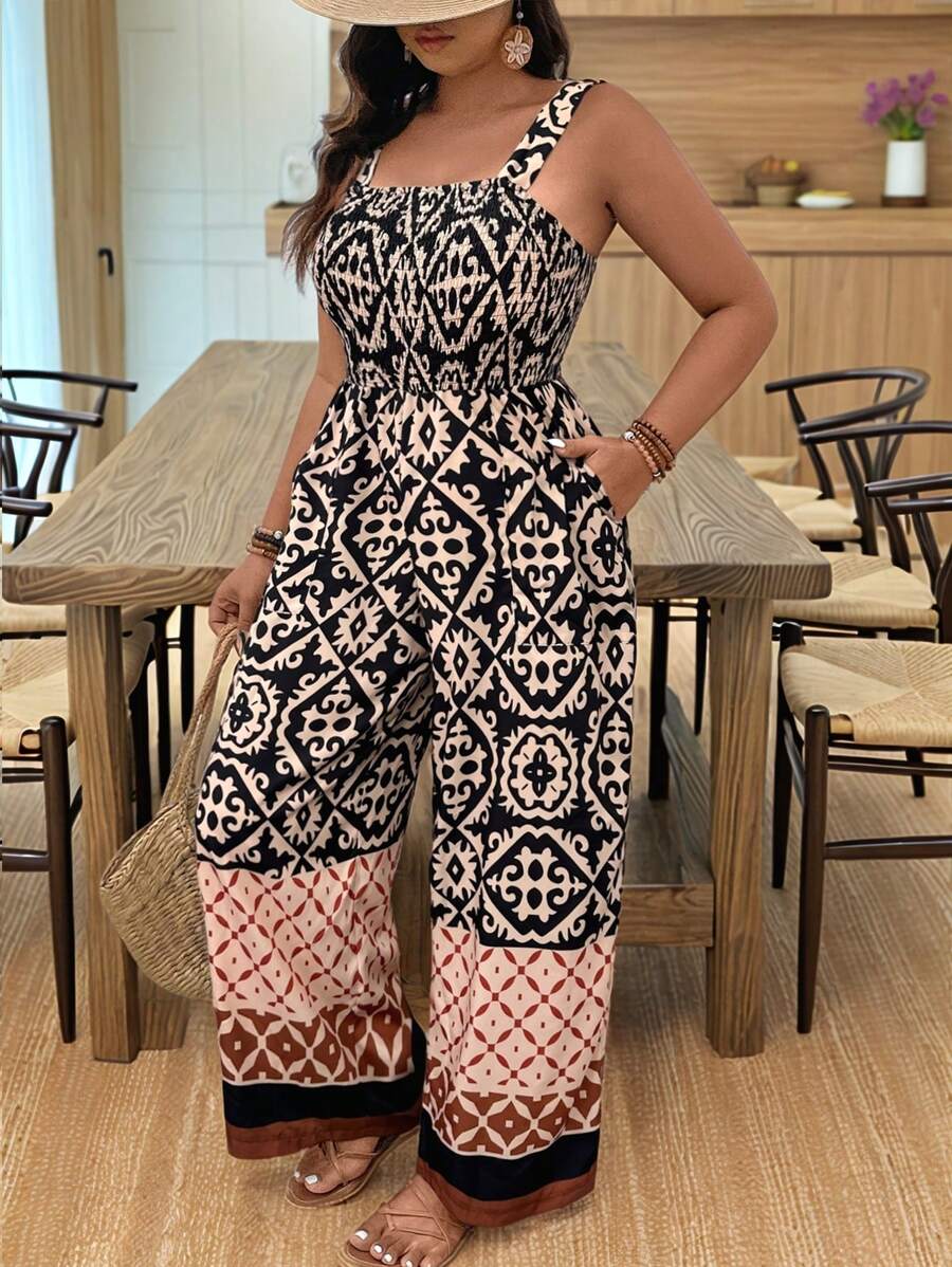 EMERY ROSE Plus Size Boho Capri Jumpsuit: Woven Fabric, Sleeveless, Straps Neckline, Shirred ...