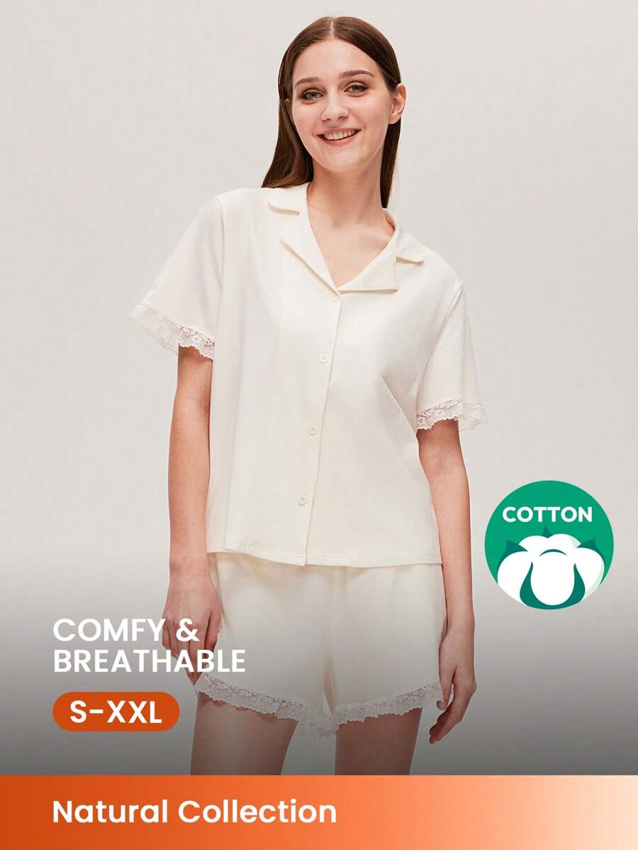 LUVLETTE White Soft Cotton Ruffle Lace Trim Button-Up Short Airy Women ...
