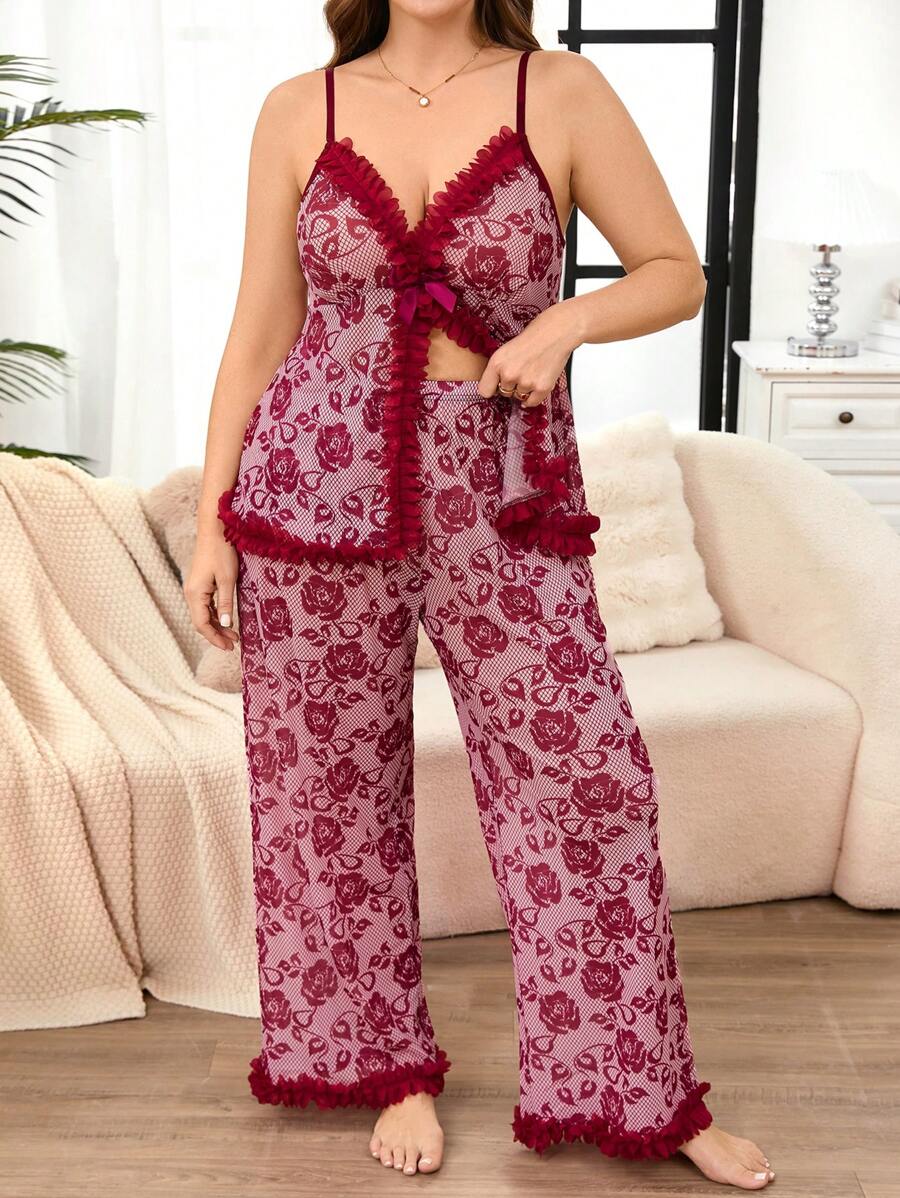 SHEIN Plus Size Lace Trim Mesh Cami And Pants Pajama Set for Sale ...