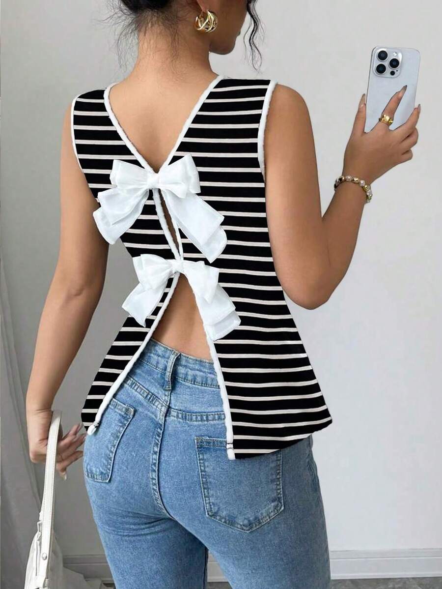 Elenzga Women's Striped Bow Decor Open Back Casual Tank Top | SHEIN USA