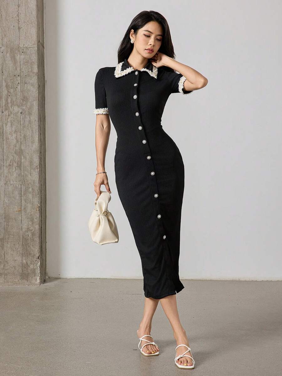 Heiryn Contrast Trim Button Front Bodycon Dress | SHEIN USA