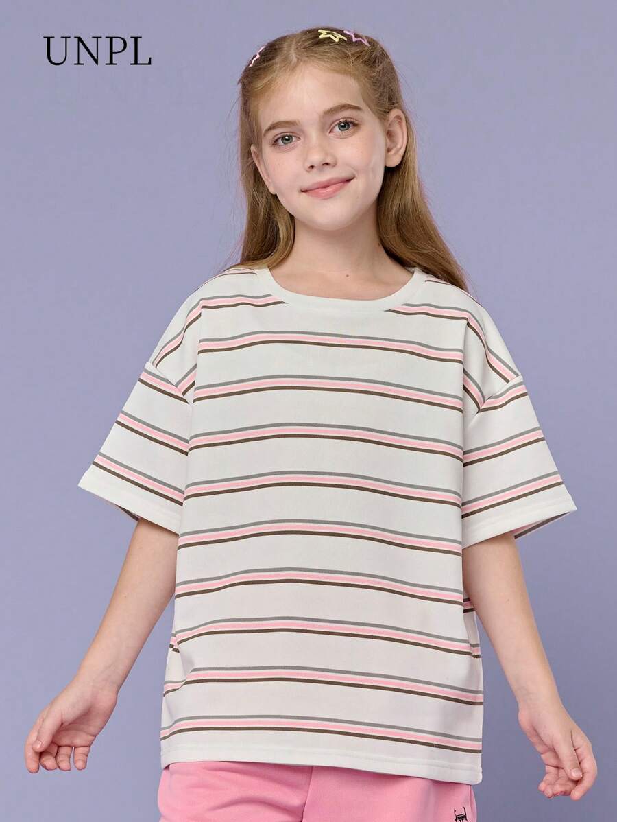 SHEIN Summer Tween Girls Preppy Stripe Knit Tees 8-12Y|Breathable Soft ...