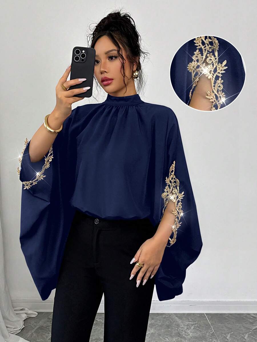 Elenzga New Batwing Sleeve Black Design Loose Elegant Gold-Trim Ladies Blouse, Spring & Summer ...