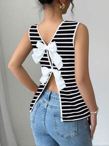 Elenzga Women's Striped Bow Decor Open Back Casual Tank Top | SHEIN USA