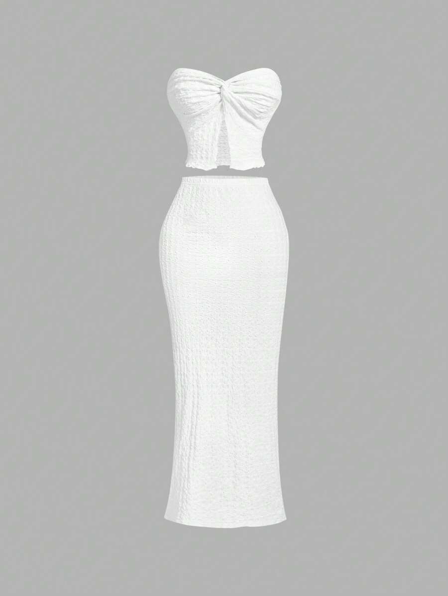 SHEIN MOD Women White Textured Knit Tube Top & Shorts Set, Spring ...