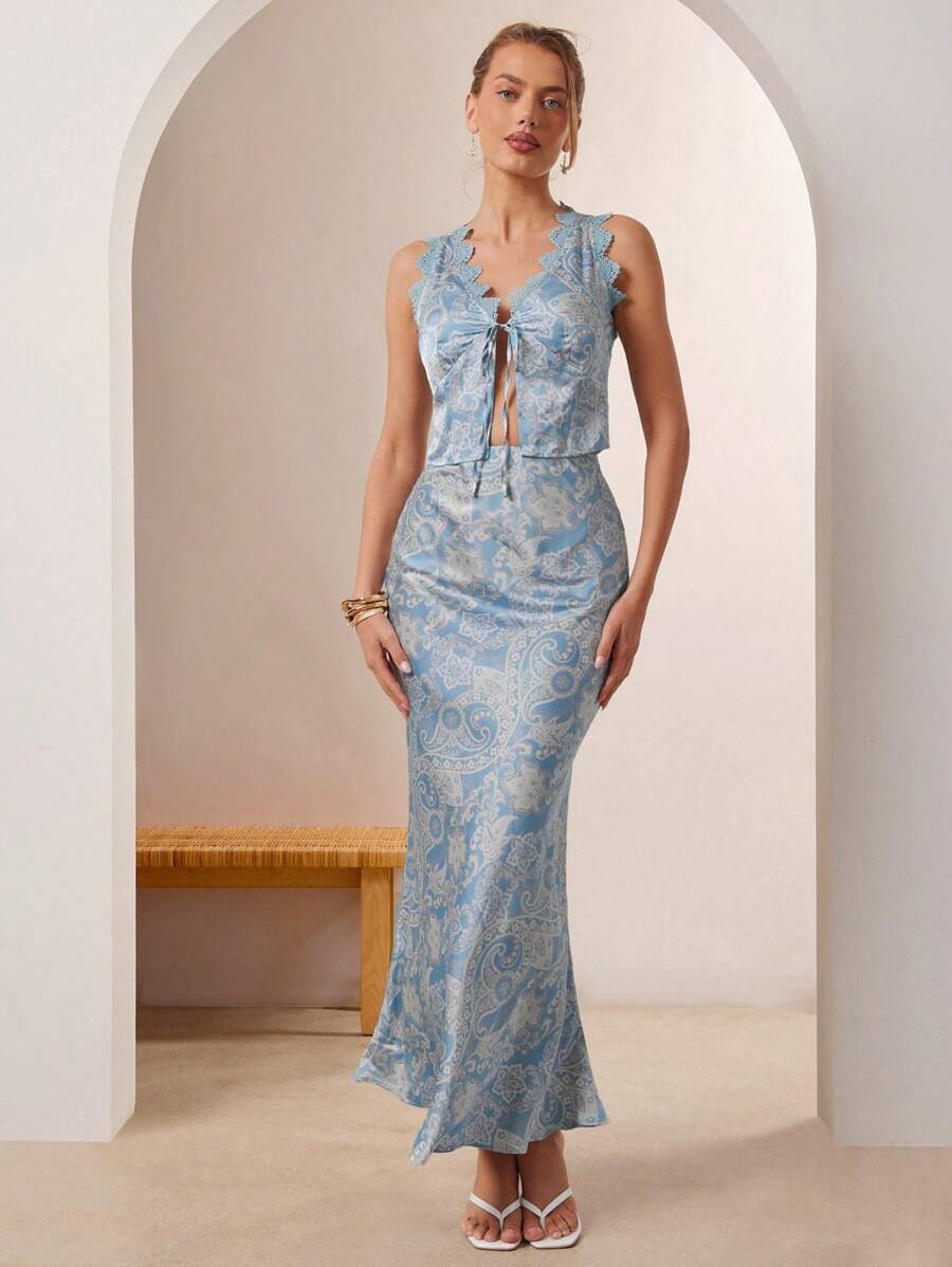 L'Amorae Eleganter Satin Paisley-Meerjungfrau-Saum Maxi-Rock für den ...