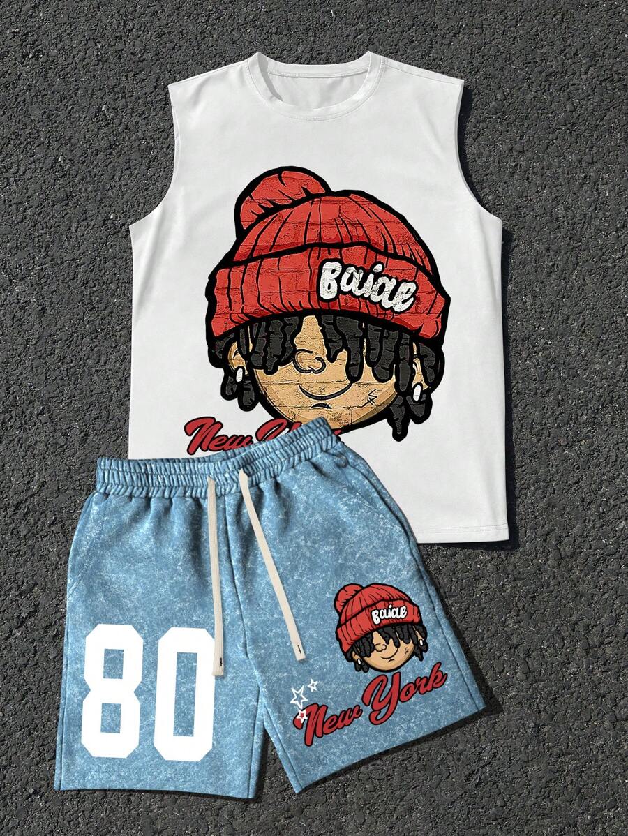 Manfinity Streetrush Men Street Cute Cartoon Tank Top Set, Summer ...