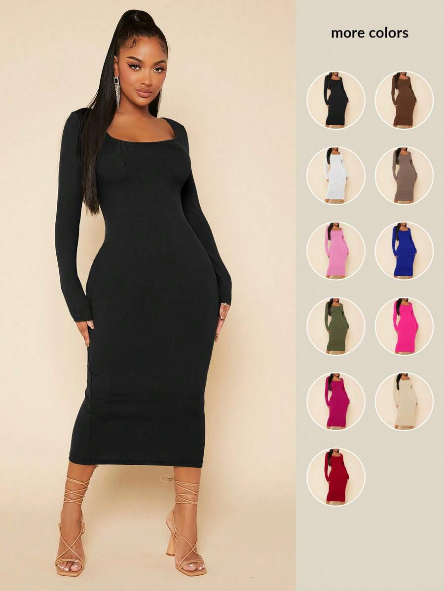 SHEIN SXY Solid Scoop Neck Bodycon Dress | SHEIN USA