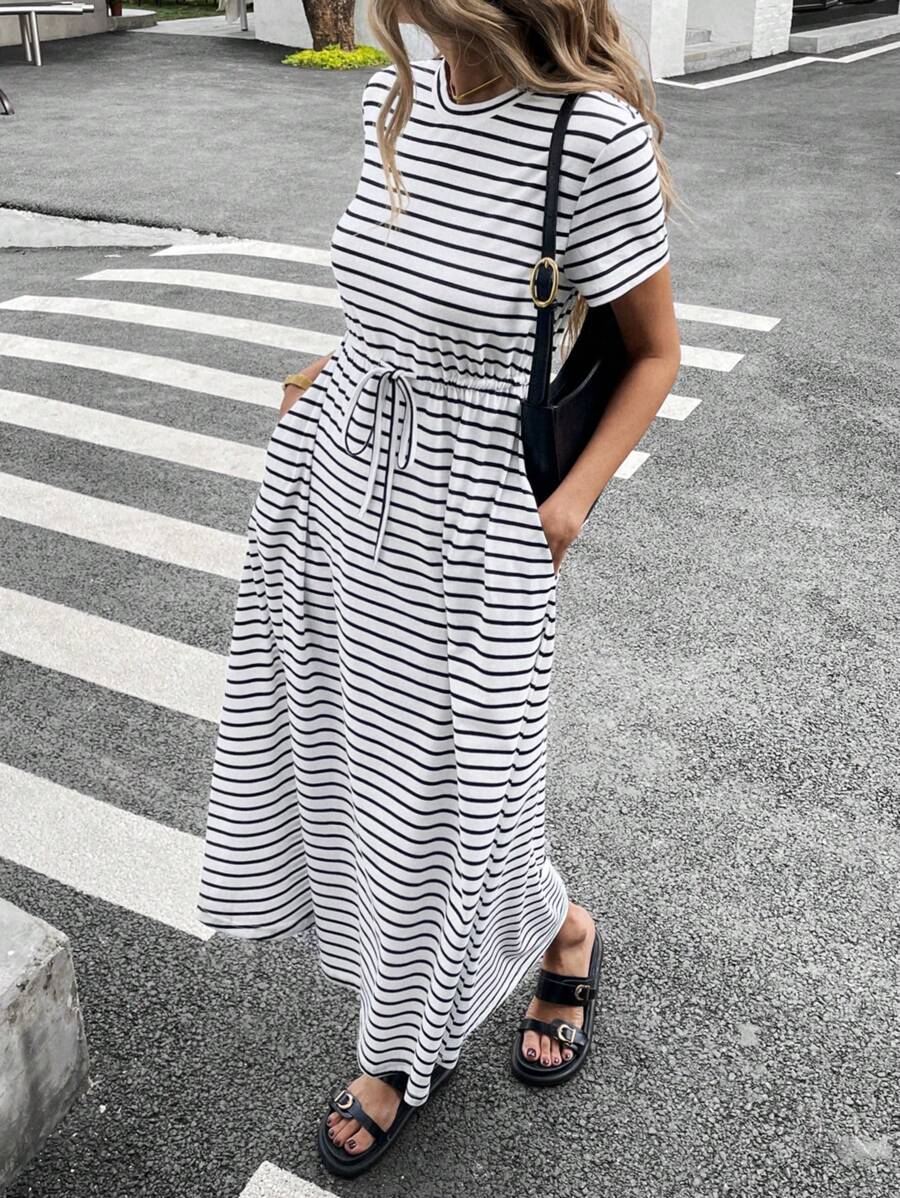 Siren Gaze Women Striped Round Neck Short Sleeve Drawstring Waist ...