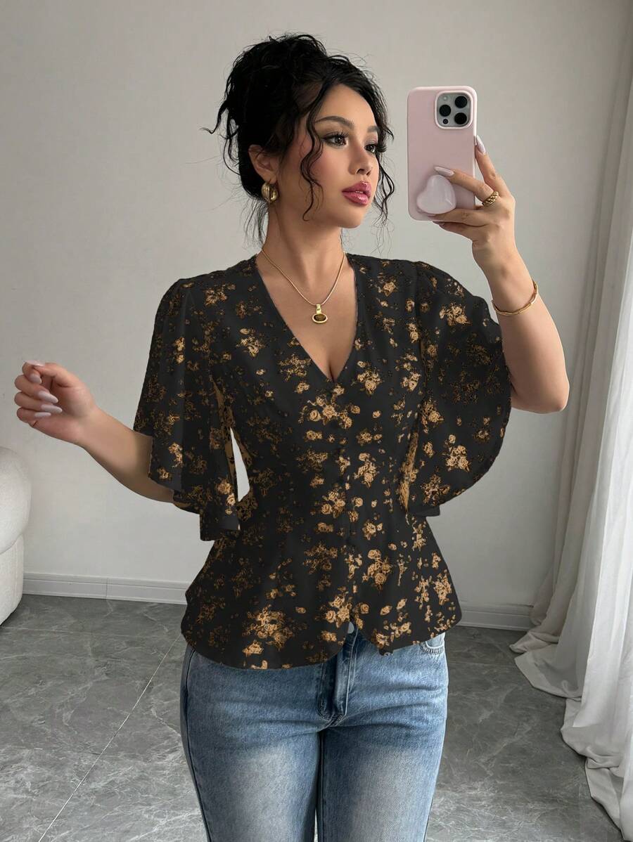 Elenzga Women's Spring & Summer Elegant Floral V-Neck Waist Gathered Ruffle Sleeve Printed ...