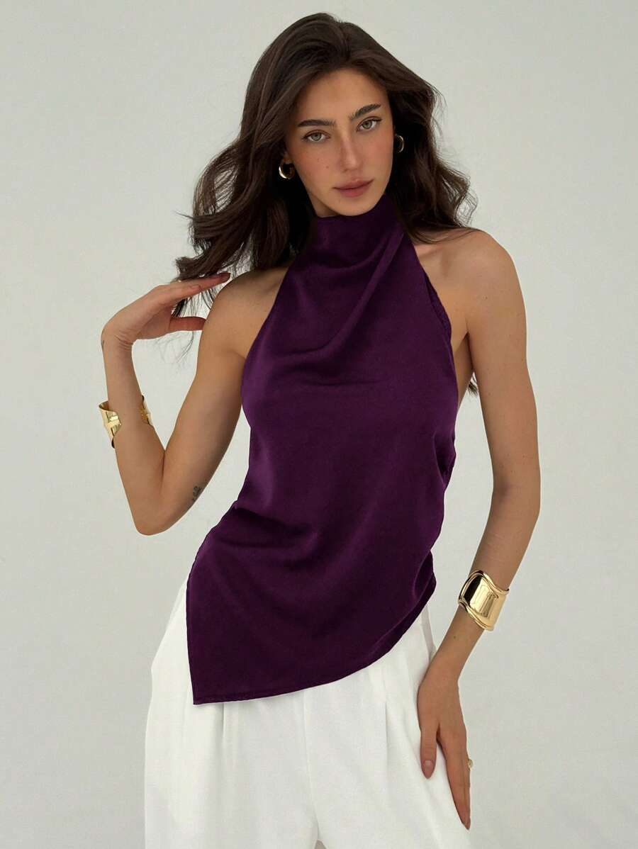 Aloruh Women's Summer Sexy Solid Color Asymmetric Hem Backless Halter ...