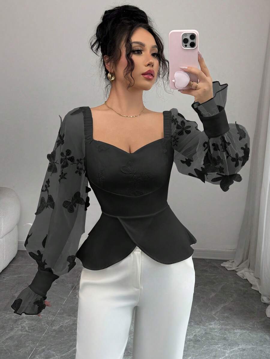 Elenzga 2025 Spring/Summer New Arrival 3D Floral Mesh Patchwork Shirt, French Elegant Slim Fit ...