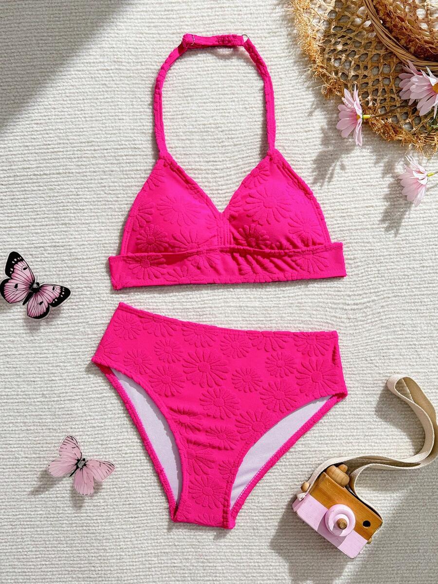 Tween Girl Hot Pink Halter Neck Bikini Swimsuit Set | SHEIN USA