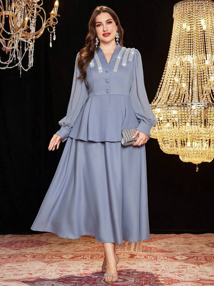 Modelyn Plus Size Spring/Summer Elegant & Luxurious Chiffon Patchwork 2 Pieces Set | SHEIN USA
