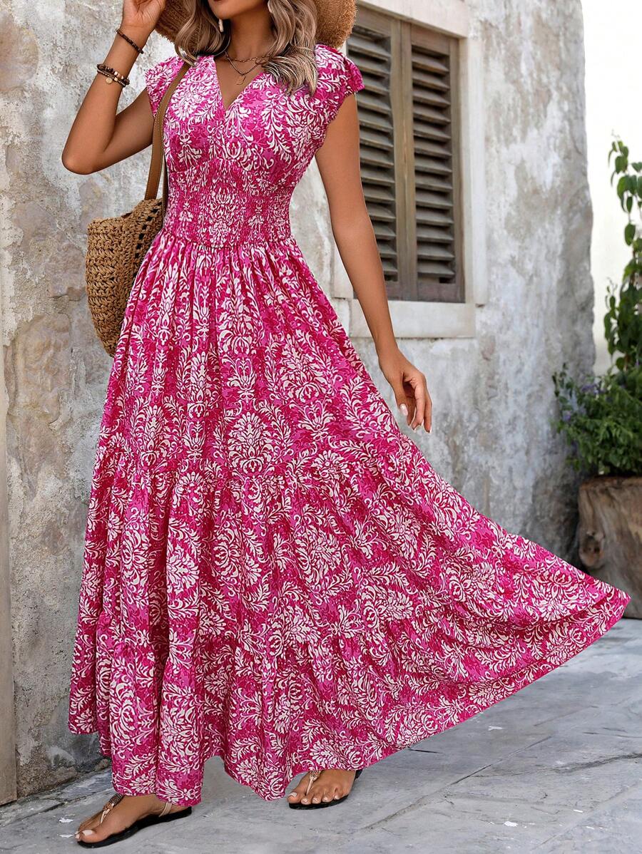 Breezaya Allover Print Ruffle Hem Trim Dress Maxi Vacation Beach Outfits Women | SHEIN USA