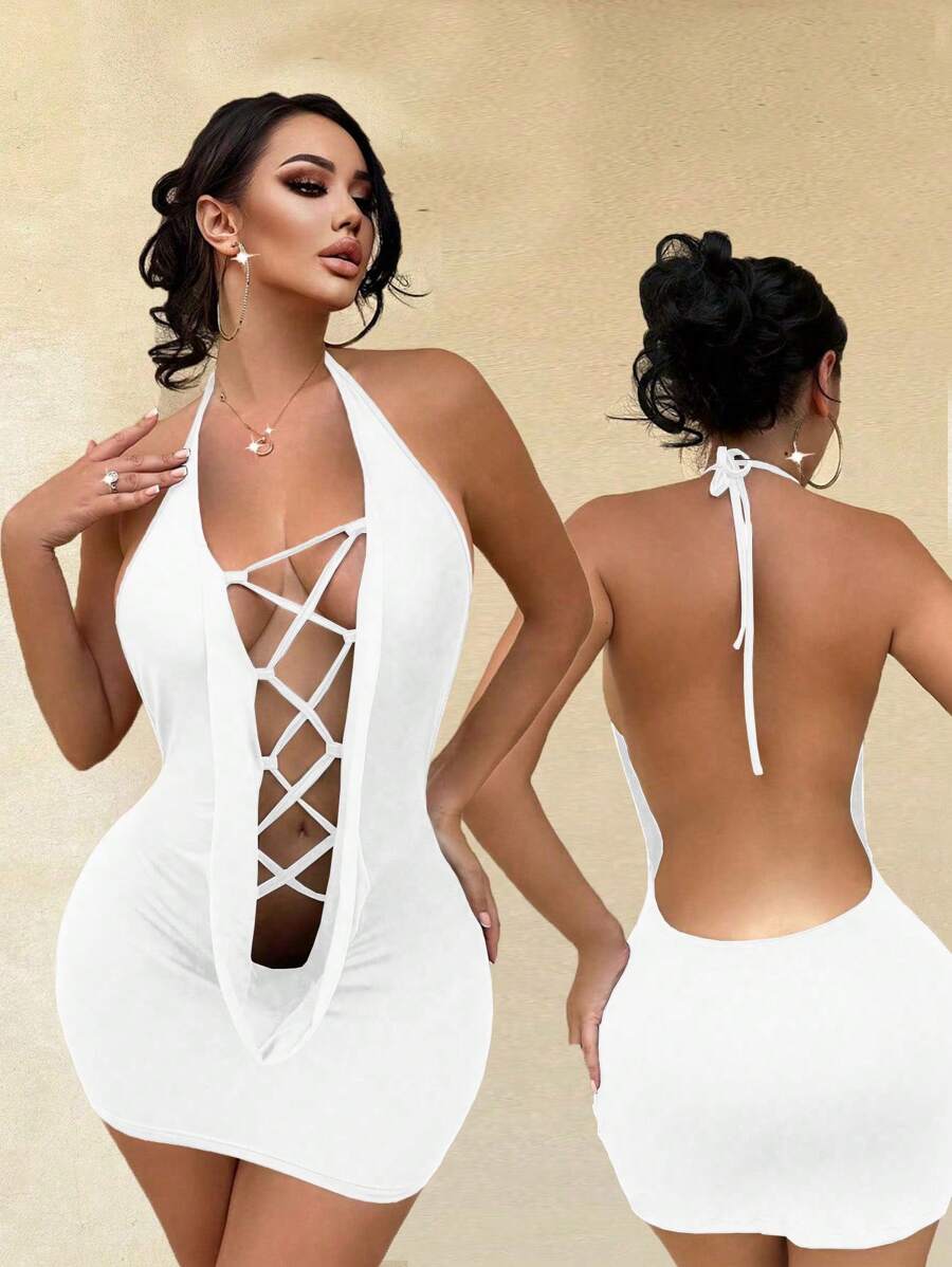 Zolique Women's Brown Fall Winter Bodycon Sexy Elegant Coquette Criss-Cross Backless Halter Neck ...