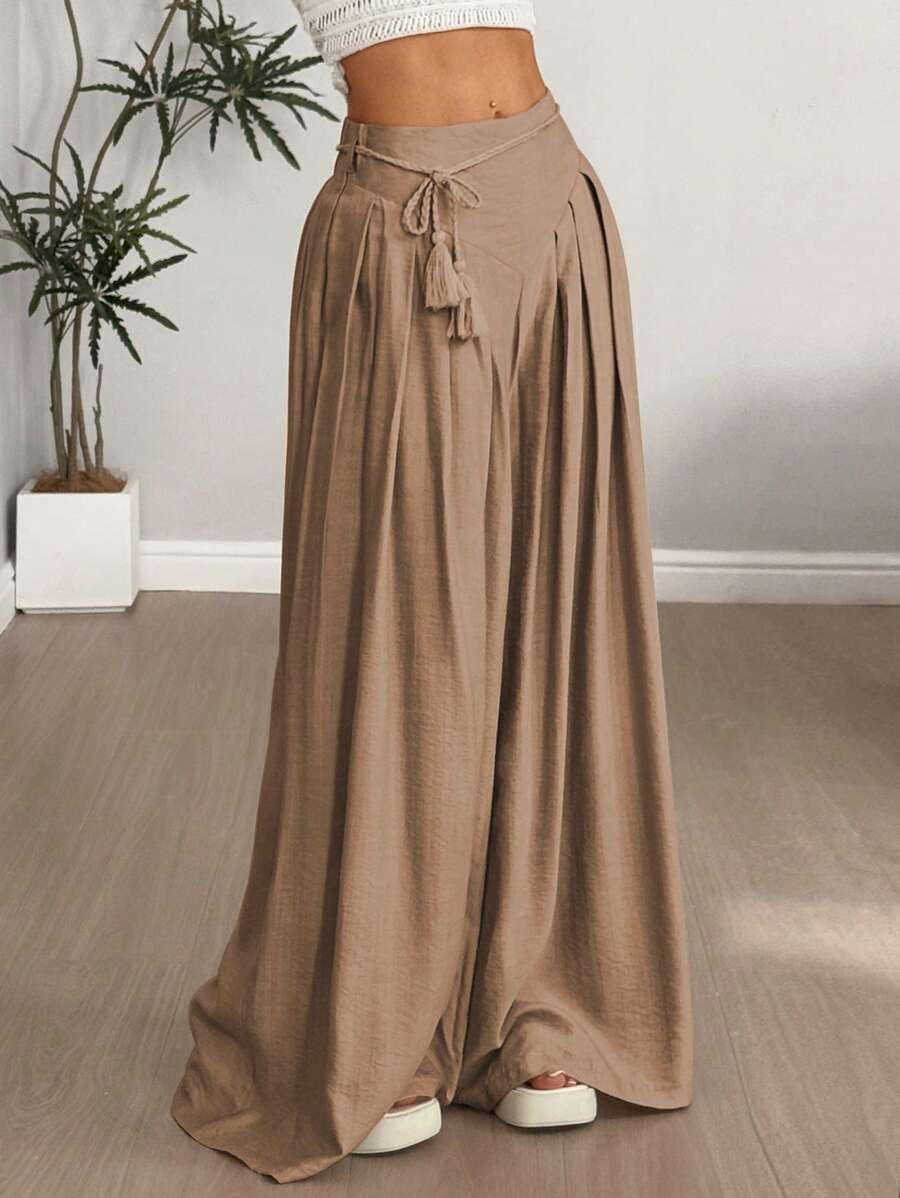 Flirla Loose Flowy Palazzo Pants With Tassel Trim, Casual Vacation ...