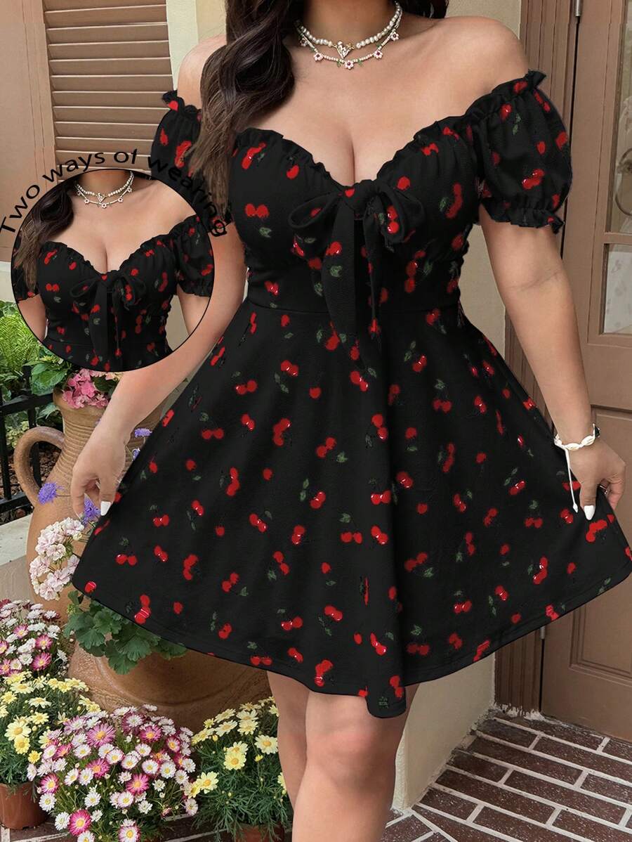 Solflare Plus Size Cherry Print Off-Shoulder Short Sleeve Dress ...