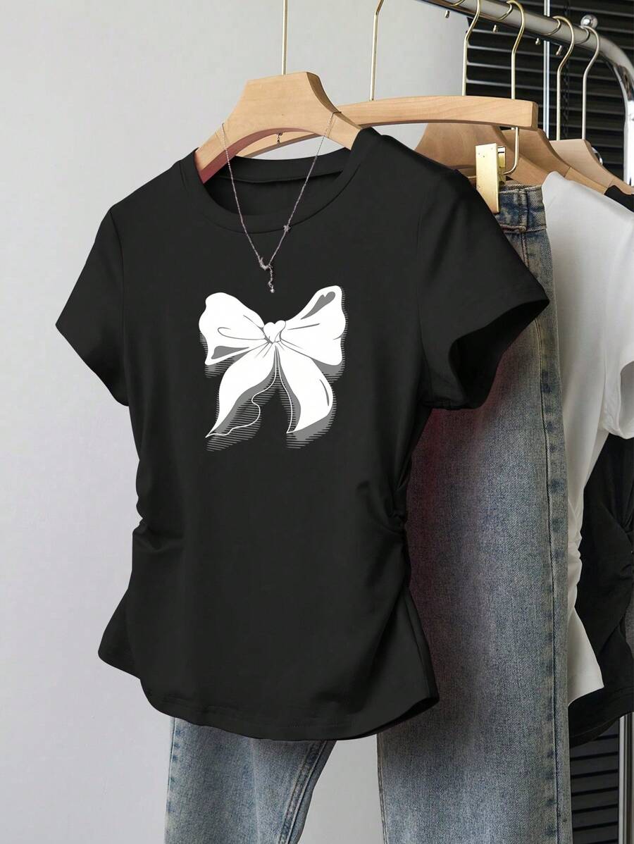 INAWLY Damen Farbblock T-Shirt mit geraffter Taille und rundem ...