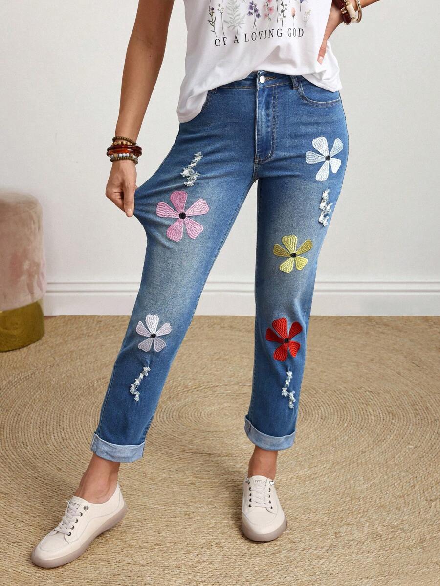 EMERY ROSE Plus Size Women Floral Embroidery Pocket Distressed Skinny ...