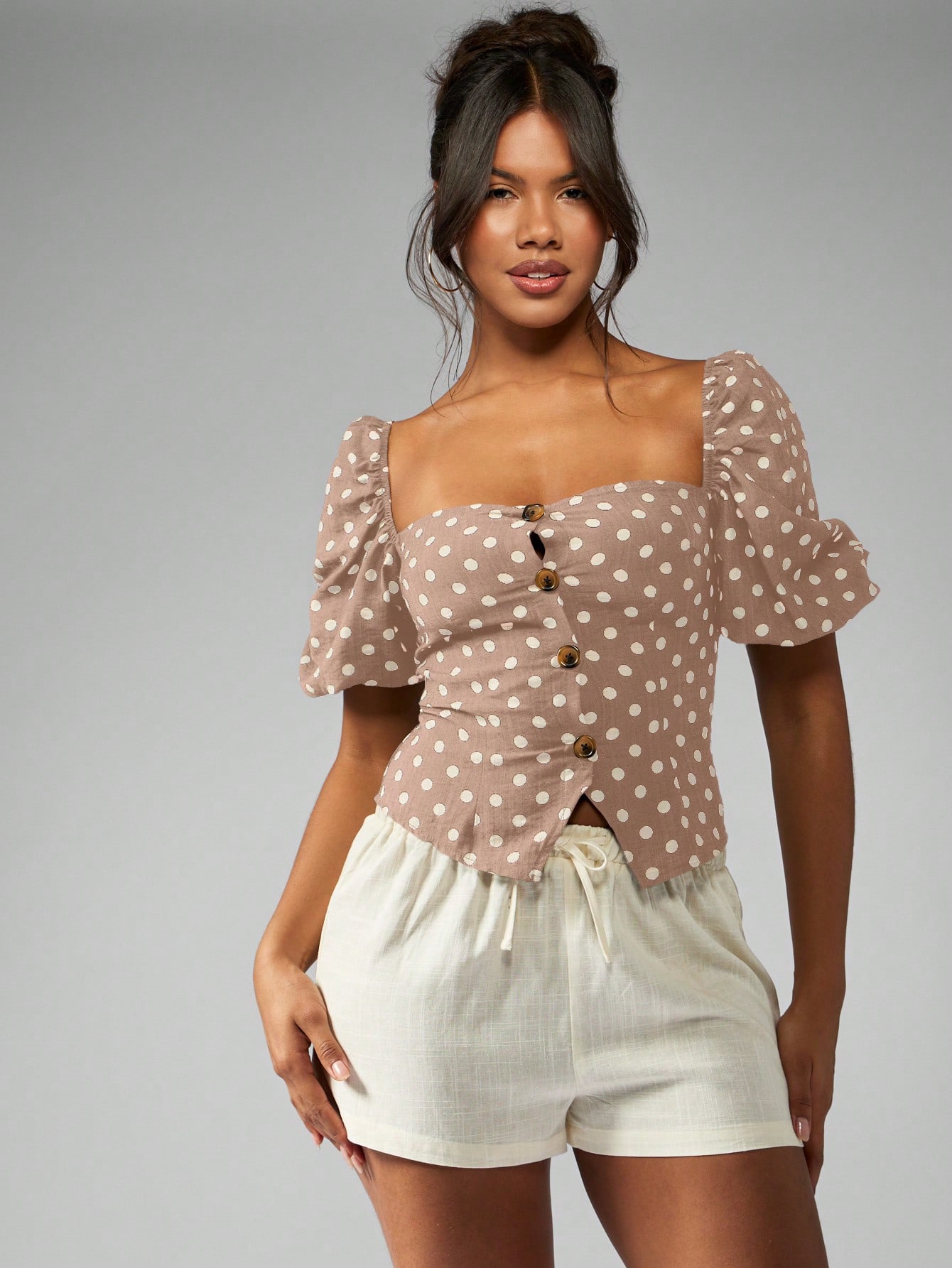 MISSGUIDED LINEN POLKA DOT TAILORED PUFF SLEEVE TOP｜MISSGUIDED
