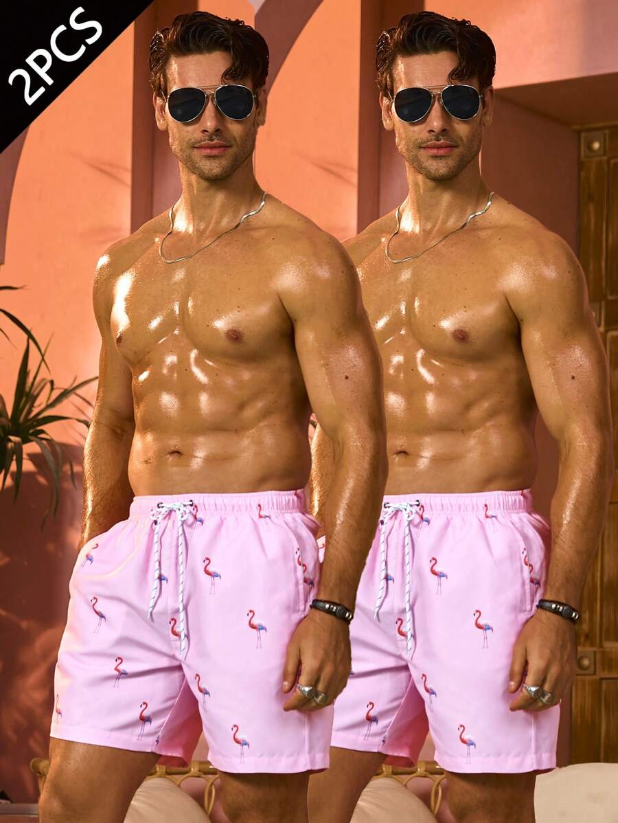 Manfinity Swimmode Men's Flamingo Print Drawstring Waist Pockets Beach ...