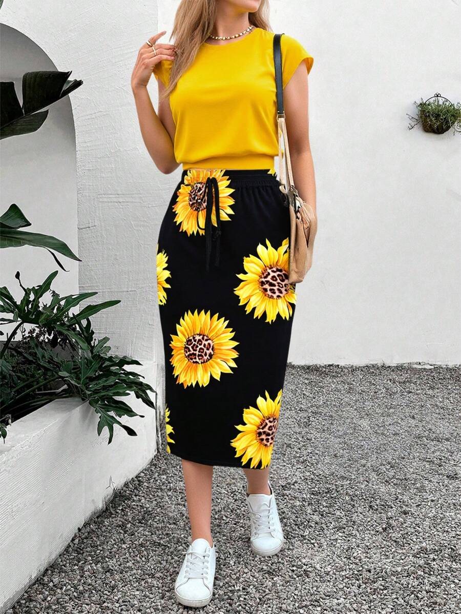SHEIN LUNE 2pcs Sunflower Color Block Textured Summer Skirt Set For ...