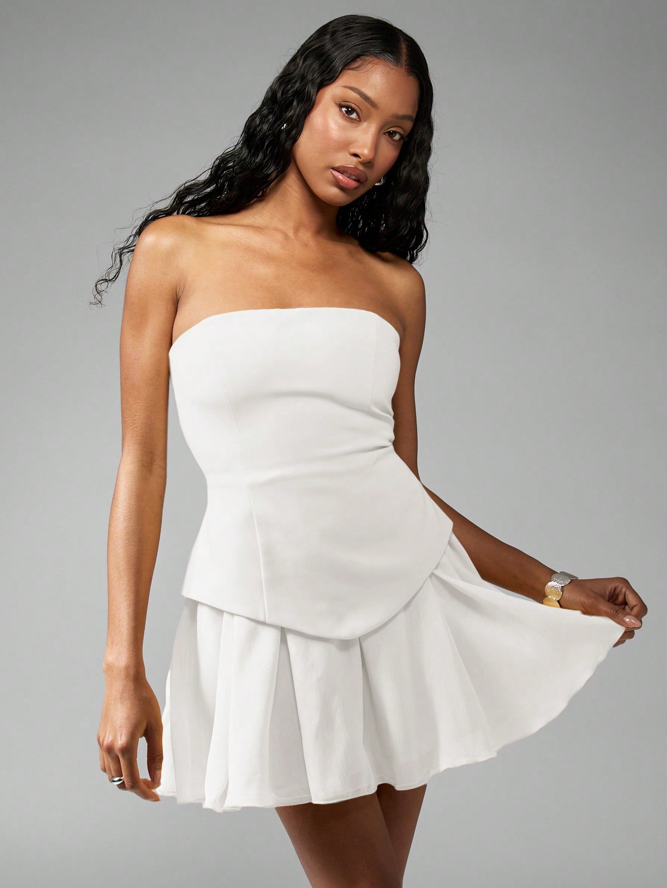 Strapless Pleated Mini Dress With Asymmetric Peplum Design Structured ...