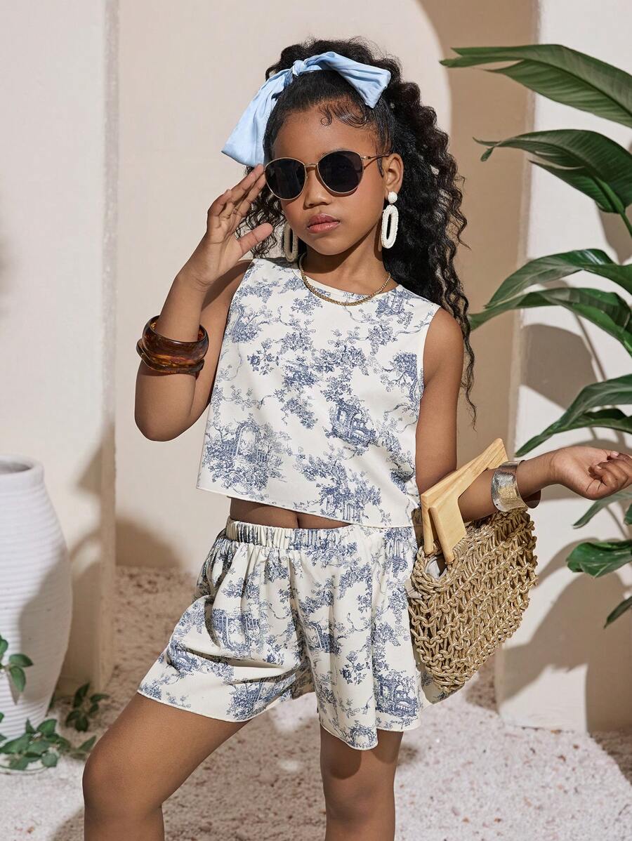 SHEIN 2pcs/Set Tween Girls' Casual Sleeveless Floral Print Shirt And ...